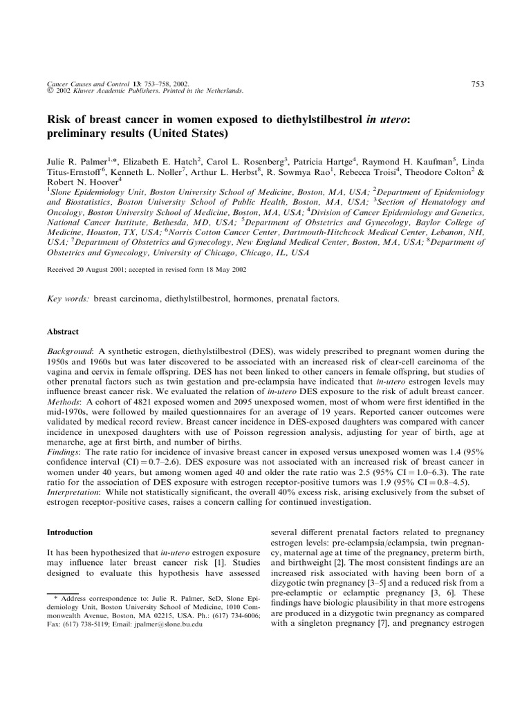 Risk of Breast Cancer in Women Exposed To Diethylstilbestrol in Utero ...