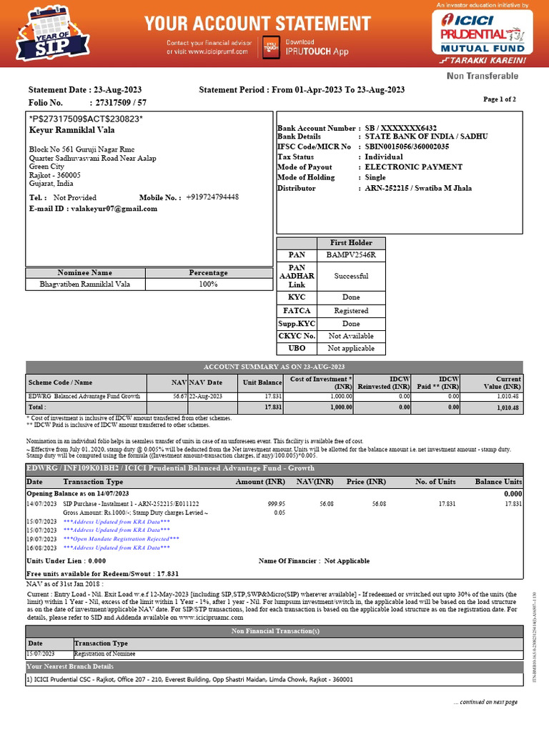 Mutual Fund Statement: Aug 2023 | PDF | Cheque | Banks