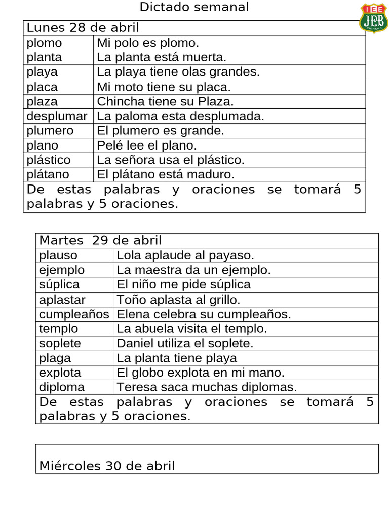 Dictado Semanal Del 28 Al 30 de Mayo | PDF