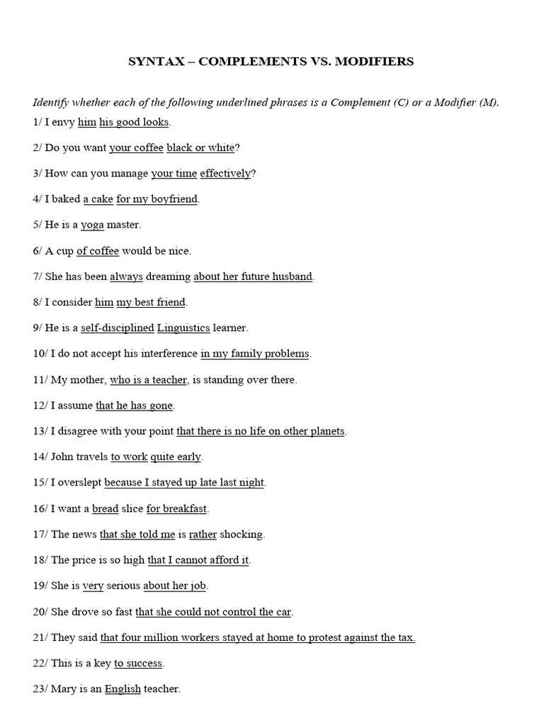 Handout - Complements vs Modifiers (1) | PDF