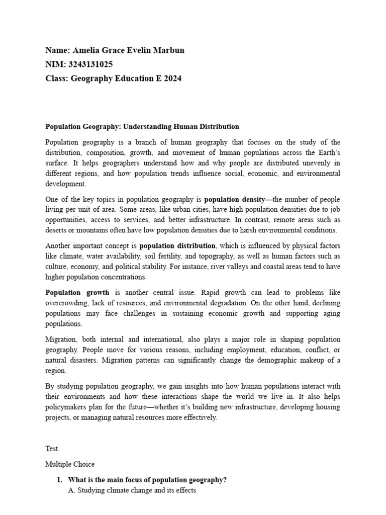 Amelia Grace Evelin Marbun-Population Geography Answers | PDF ...