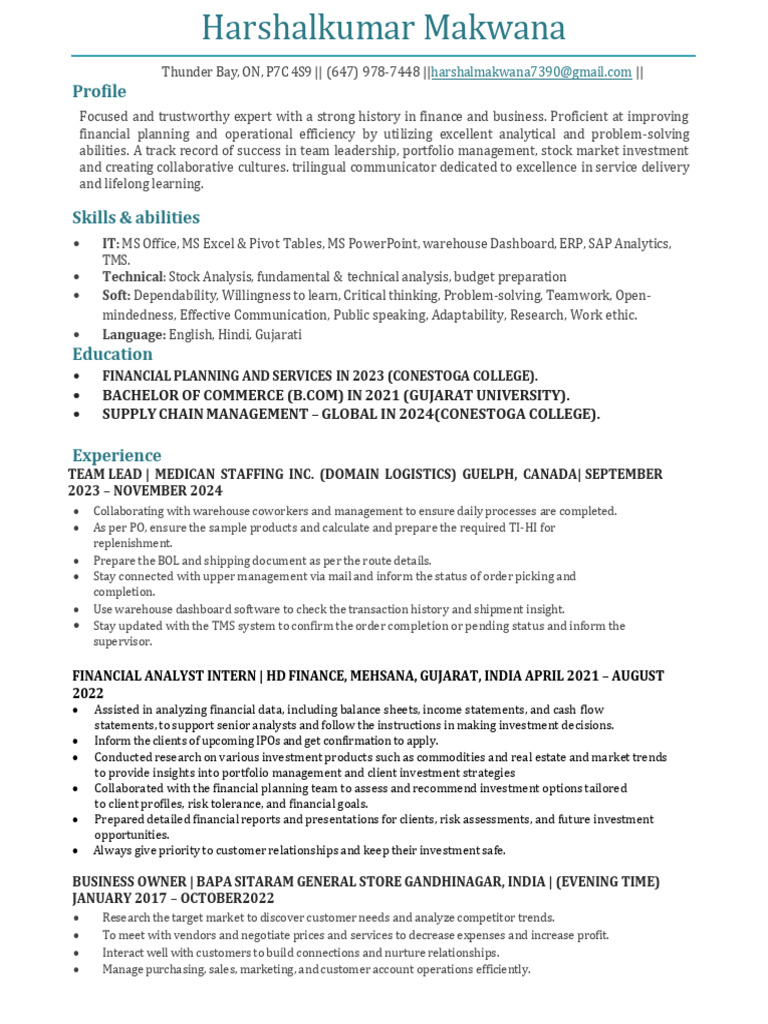 Resume Harshalkumar Makwana | PDF | Financial Analyst | Investing