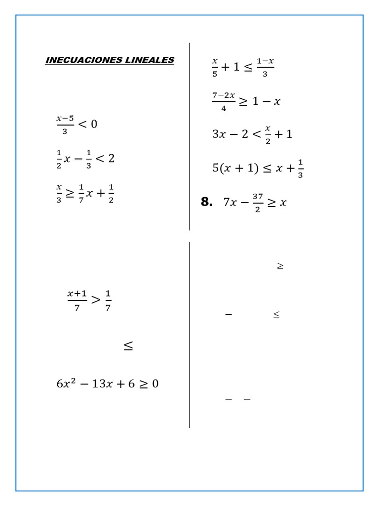 Inecuaciones Lineales y Cuadraticas para Primer Grado de Secundaria | PDF