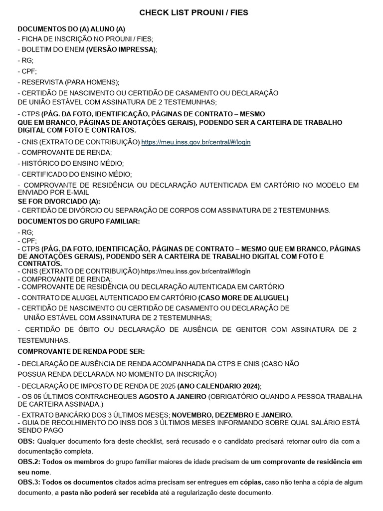 Checklist 2025 - FIES e PROUNI | PDF