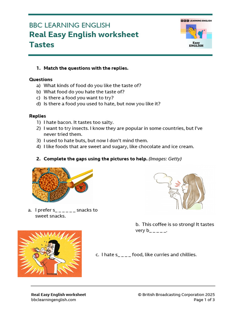 Tastes in Food: Real Easy English Worksheet | PDF | Taste | Foods