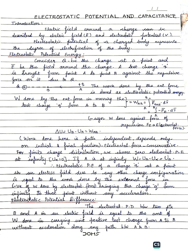 Electric Potential and Capacitance Notes | PDF