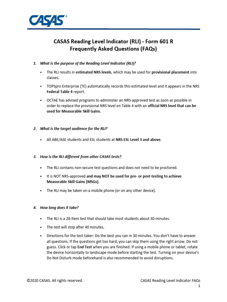 CASAS Reading Level Indicator FAQs | PDF | English As A Second Or ...