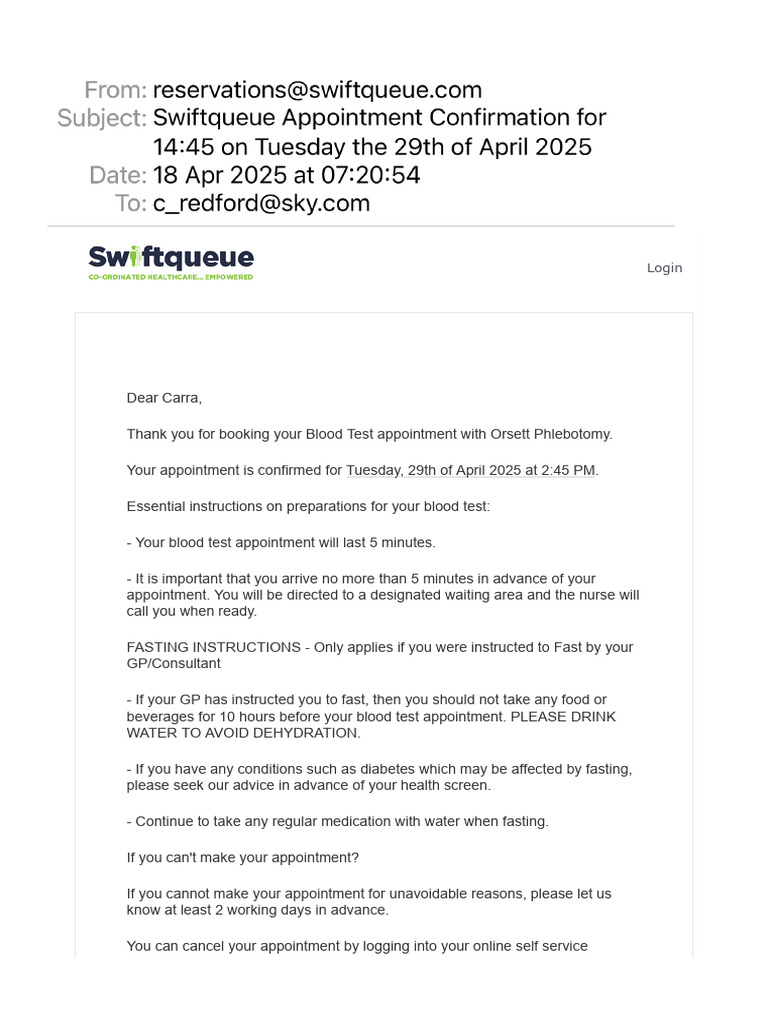 Blood Test Appointment Confirmation | PDF