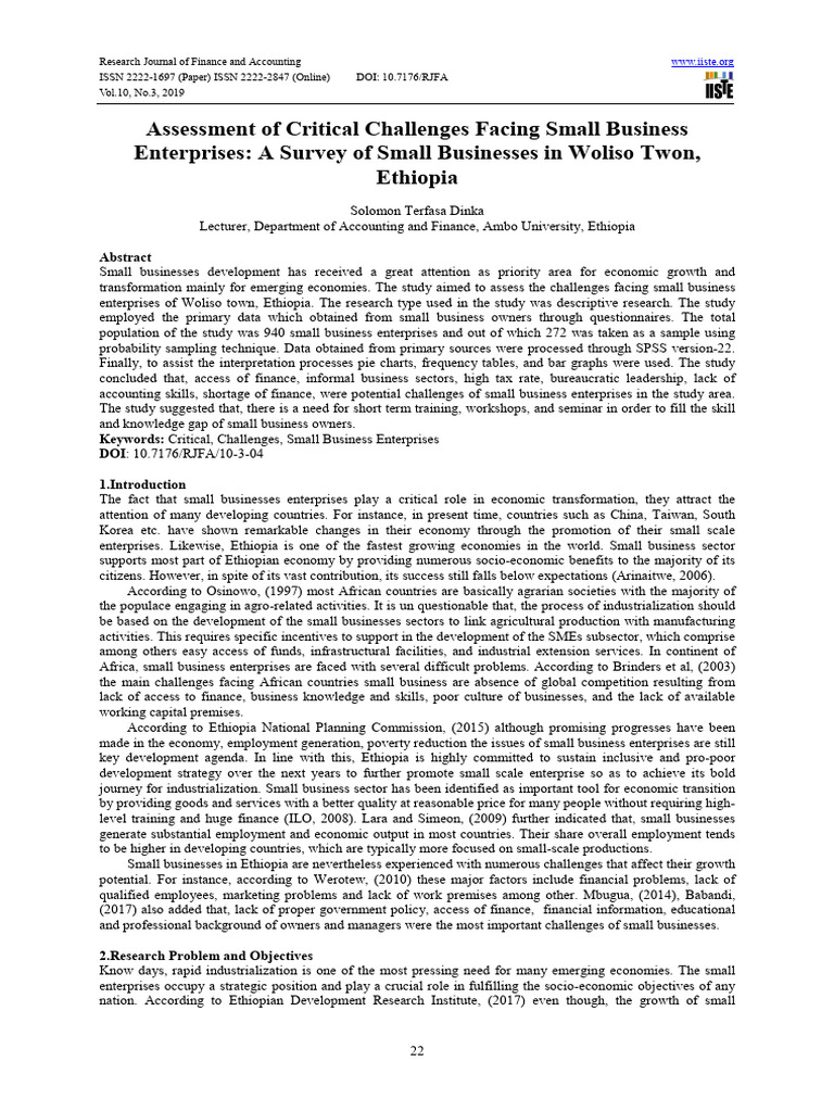 Assessment of Critical Challenges Facing Small Business in Woliso | PDF ...