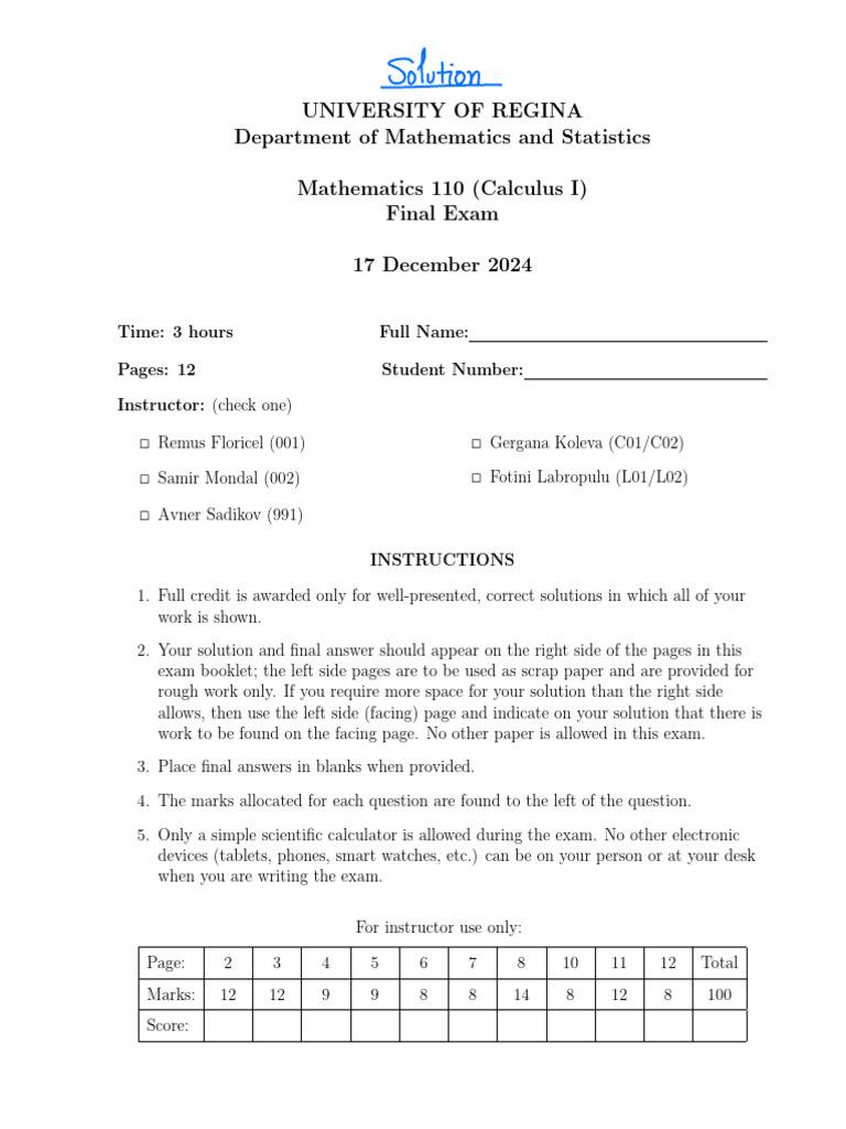 Calculus I Final Exam - Avner Sadikov | PDF | Tangent | Continuous Function