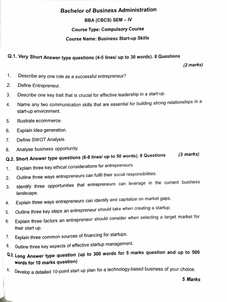 BSS Question Paper 2025 Overview | PDF | Entrepreneurship | Startup Company