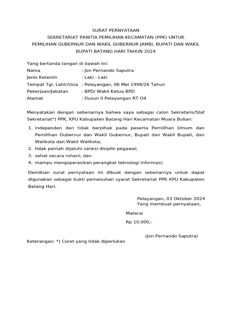 Surat Pernyataan Sekretariat PPK - 090816 | PDF