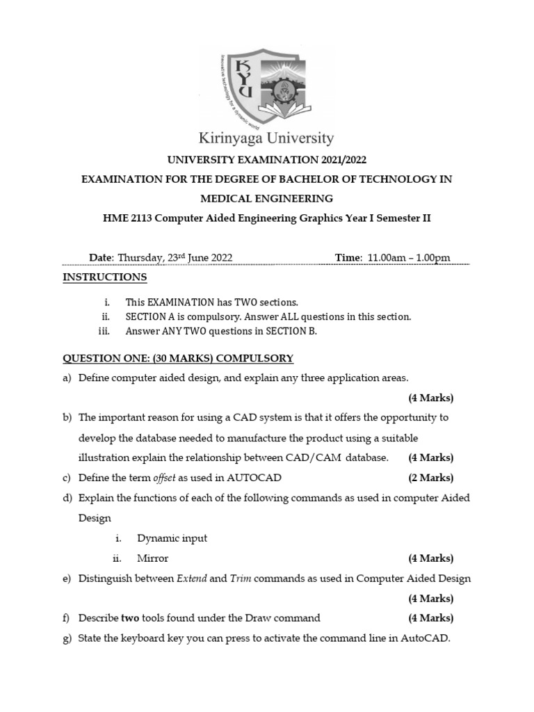HME 2113 Computer Aided Engineering Graphics Year I Semester II | PDF | Auto Cad | Computer ...