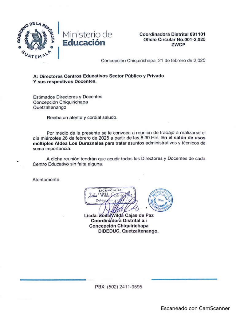 Oficio Circular 001-25 Concepción Chiquirichapa | PDF