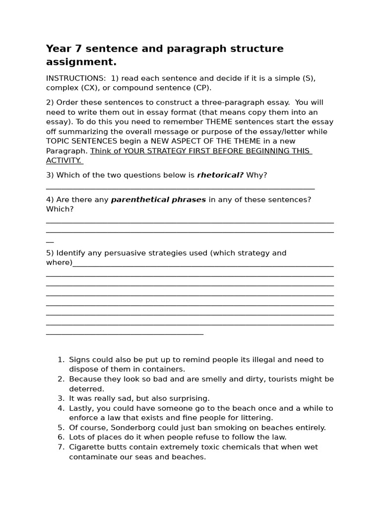 Year 7 Cigg Letter Sentence and Paragraph Structure Assignment | PDF