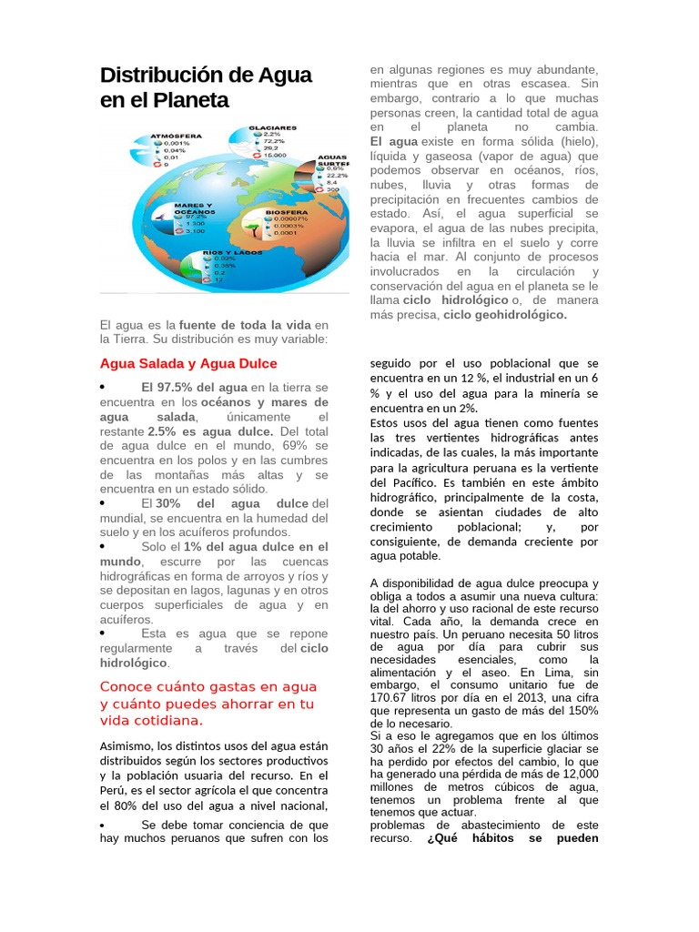 Distribución de Agua en El Planeta | PDF | Agua | Agua dulce