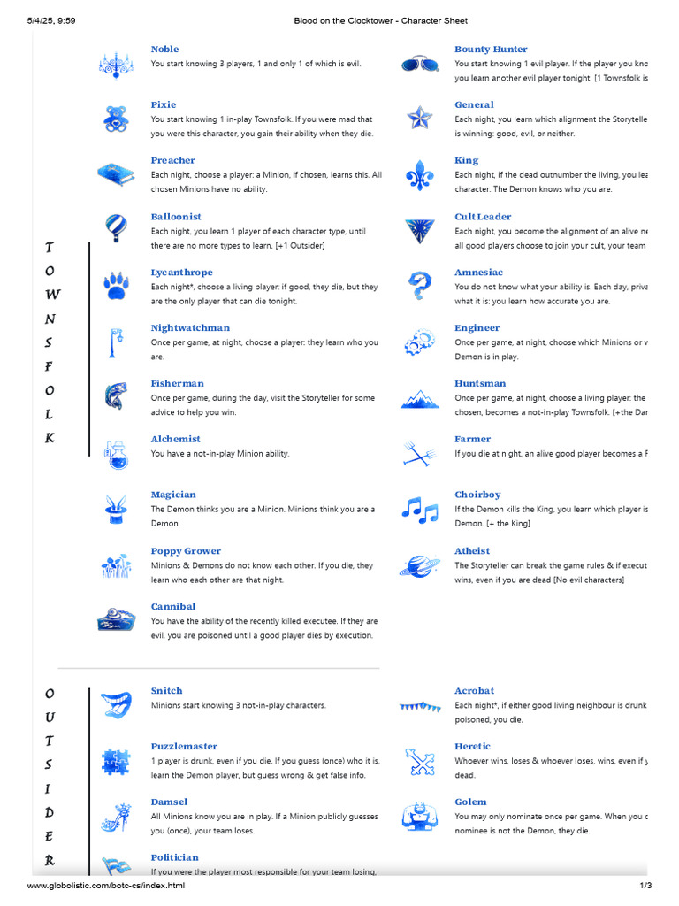 Blood On The Clocktower - Character Sheet | PDF | Demons