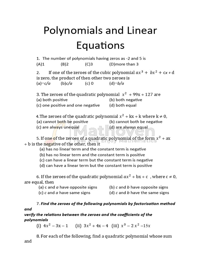 Polynomials and Linear Equations | PDF | Factorization | Polynomial