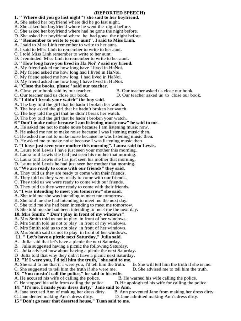Reported Speech Exercises and Answers | PDF