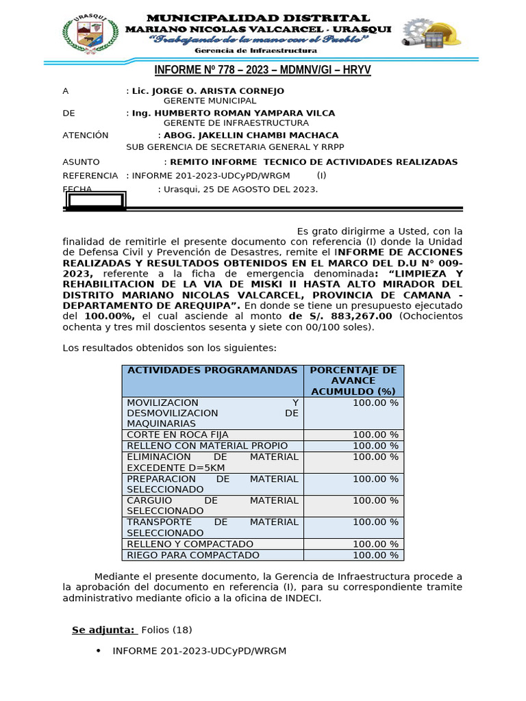 778 Informe de Actividades Defensa Civil-Via Miski Ii Hasta Alto ...