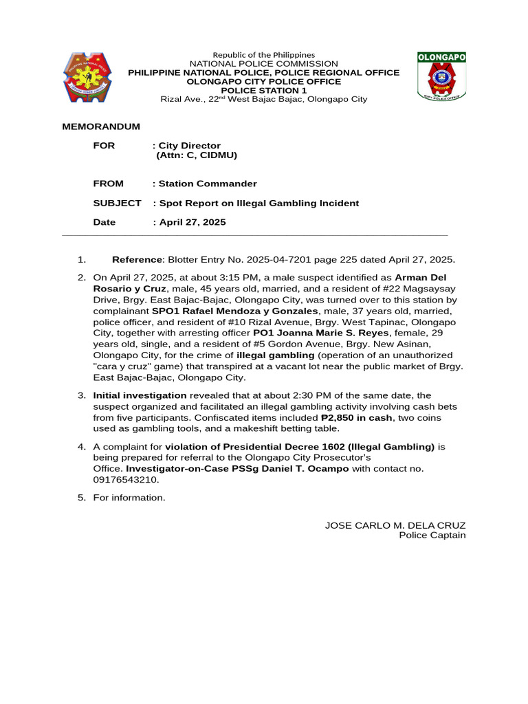 Spot Report: Illegal Gambling Incident | PDF