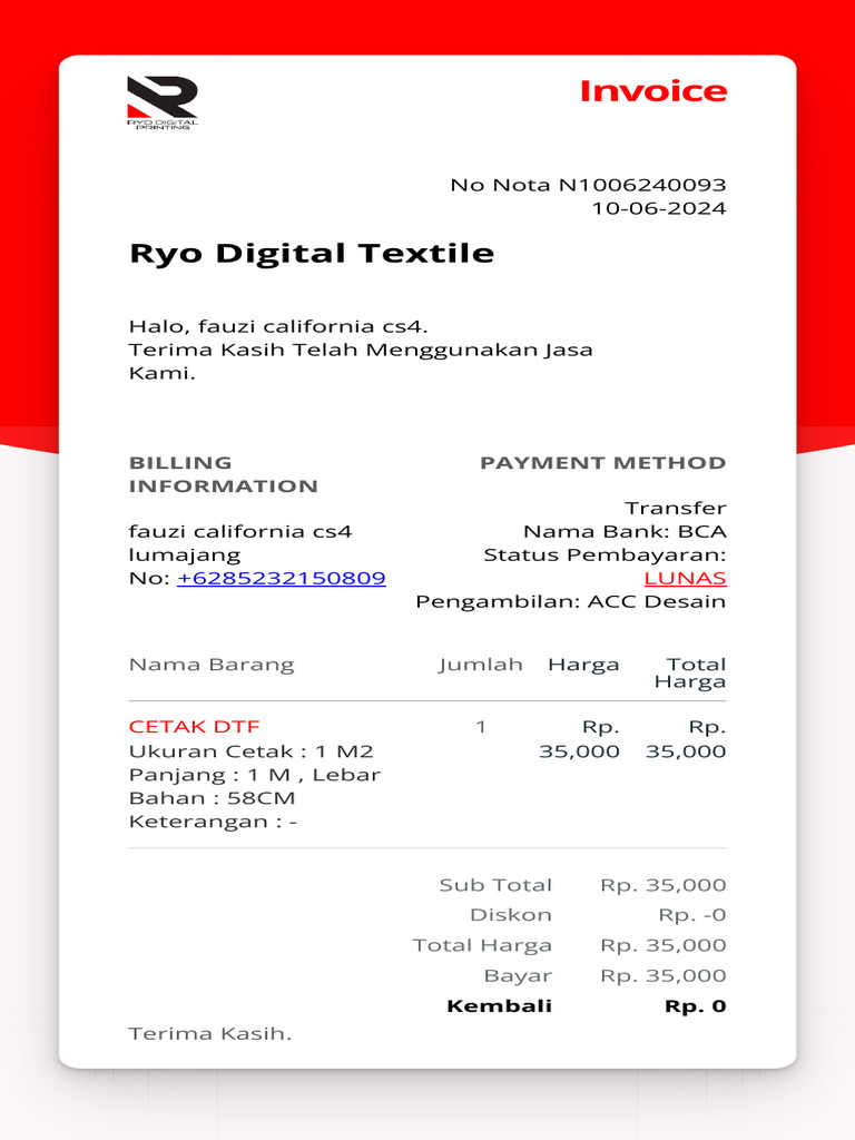 Invoice Pembayaran Ryo Digital Textile | PDF