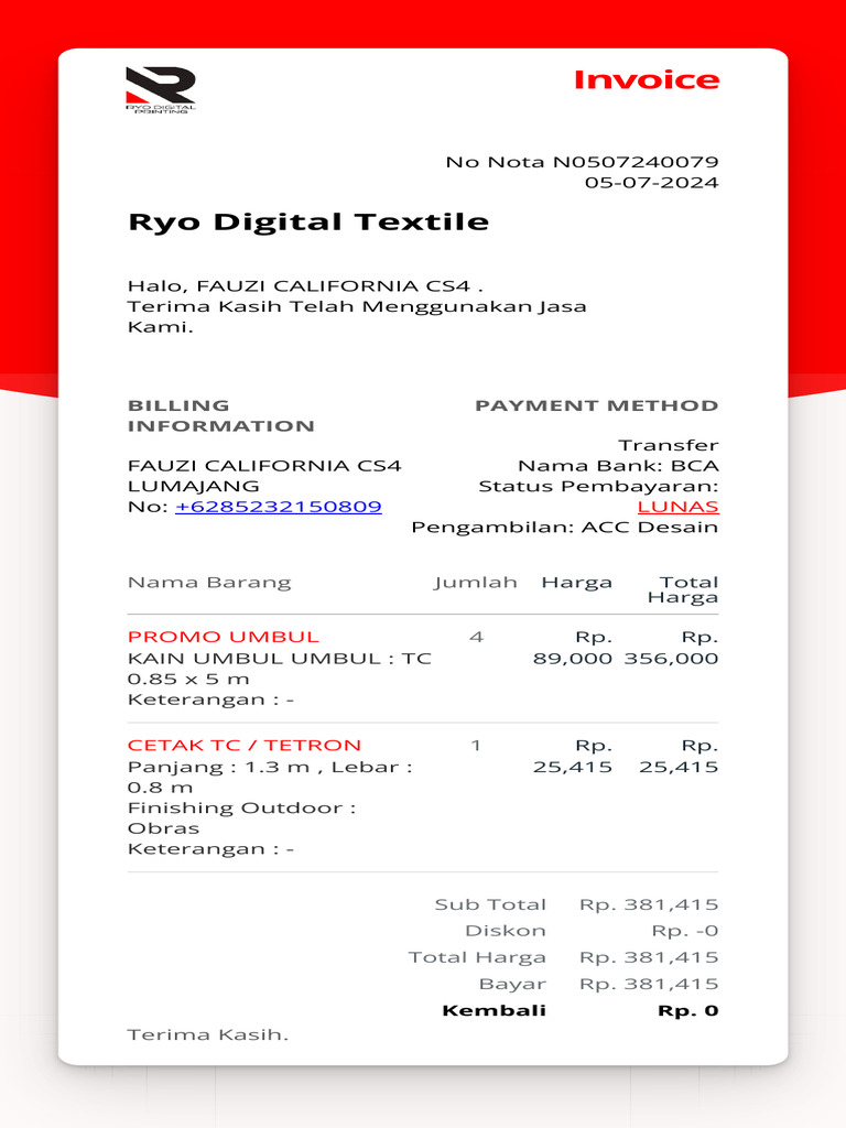 Invoice Pembayaran Ryo Digital Textile | PDF