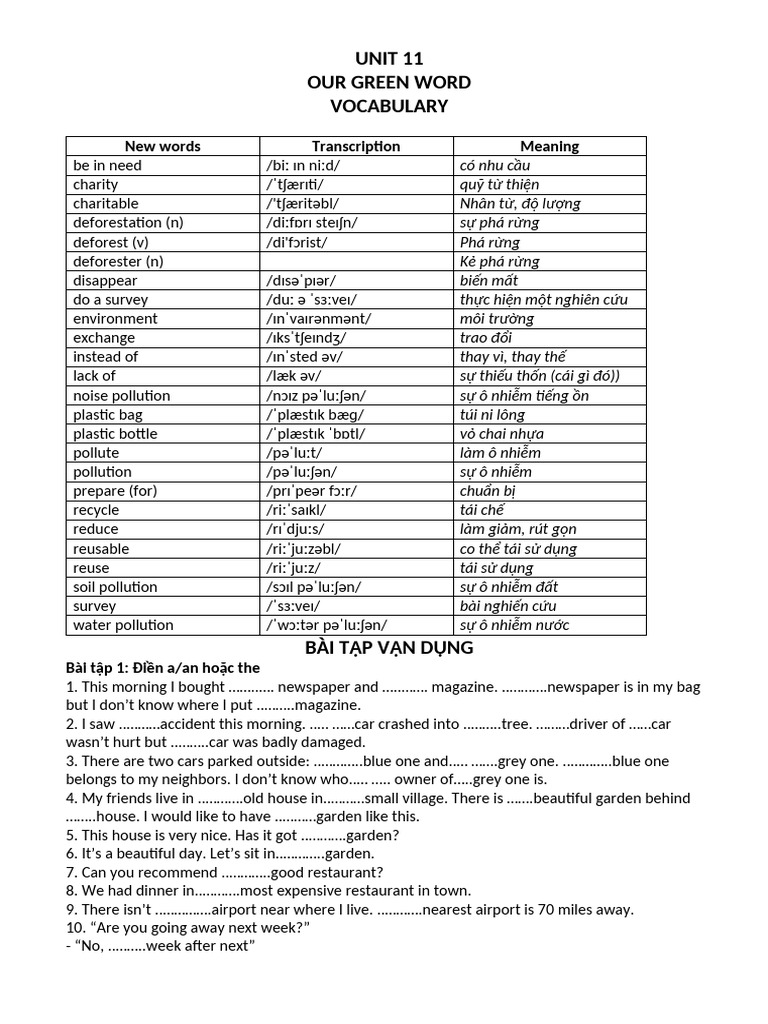 Vocabulary and Exercises on Environment | PDF