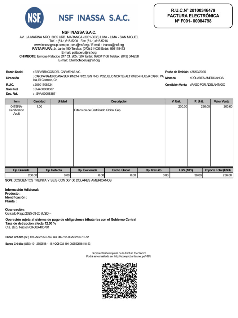 NSF Inassa S.A.C.: R.U.C.N° 20100346479 Factura Electrónica #F001 ...