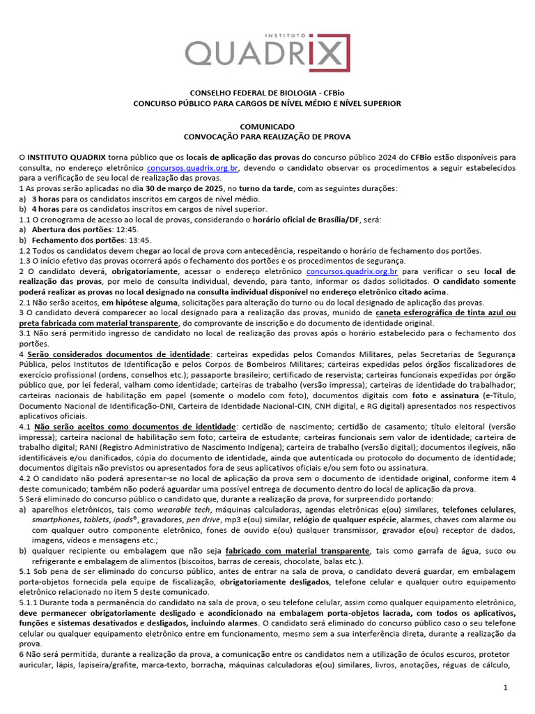 CFBio Concurso Publico 2024 Comunicado Convocacao Provas 4 | PDF