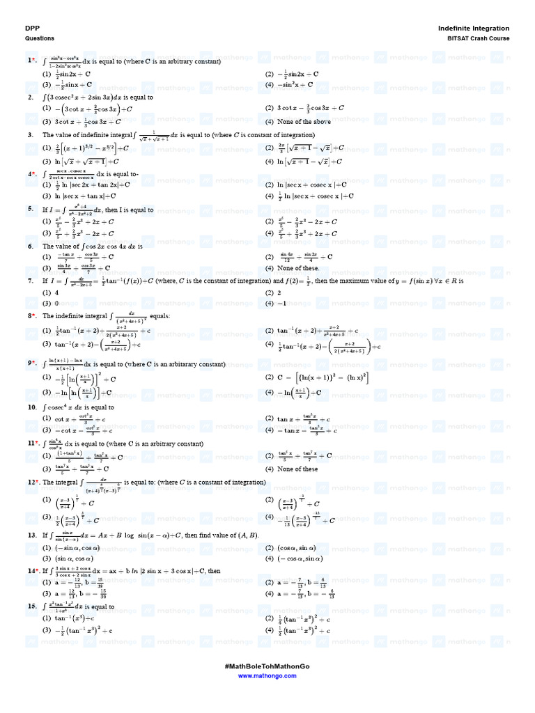 Indefinite Integration - DPP | PDF | Trigonometric Functions | Mathematical Objects
