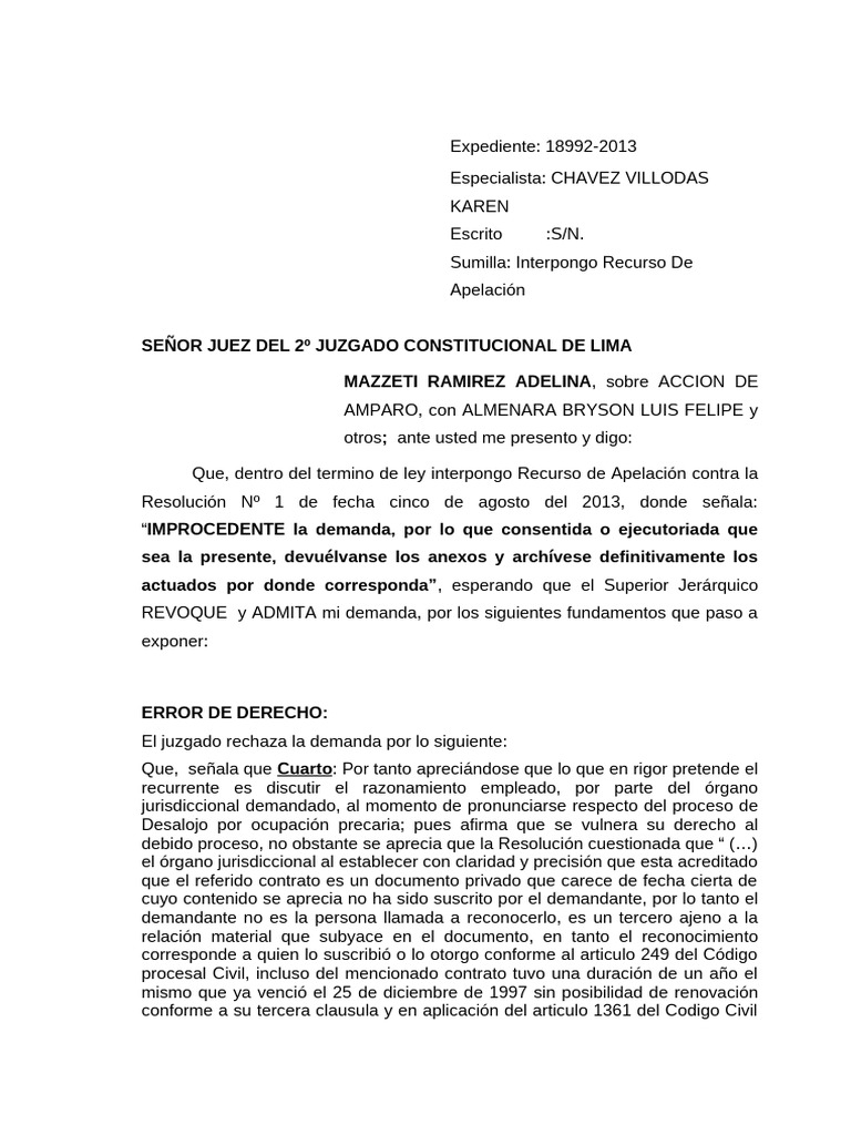 Apelacion de Resolucion #1-Mazzeti Ramirez Adelina | PDF | Apelación ...