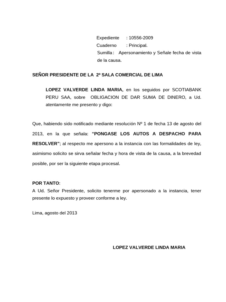Apersonamiento y Señale Fecha para Vista de La Causa-Lopez Valverde ...