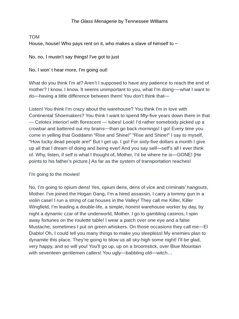 Tom's Monologue in The Glass Menagerie | PDF