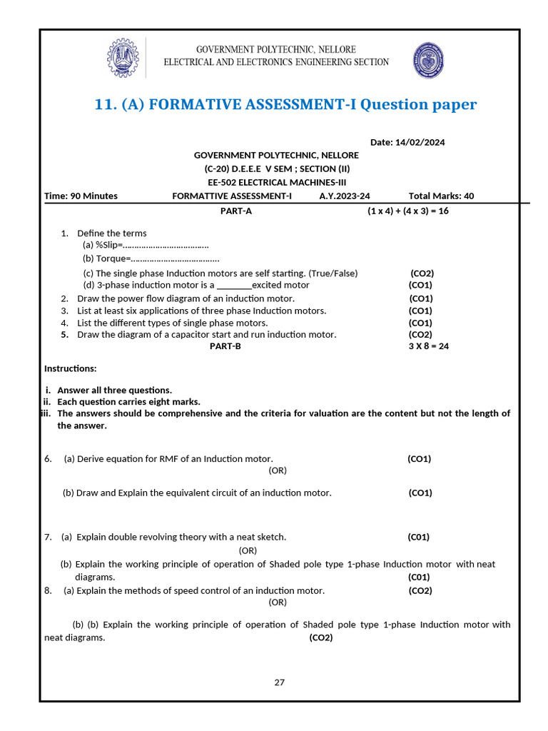 11.formattive Assessment-1 Que Paper & Schem of Evaluation | PDF | Electromagnetism | Electricity