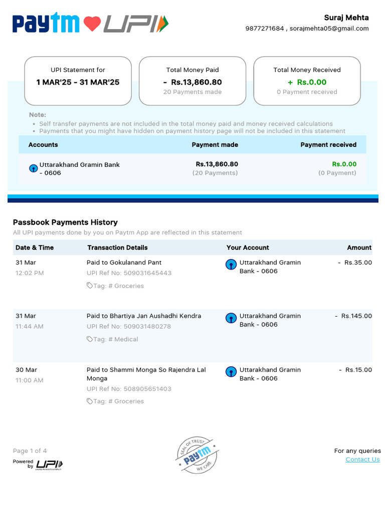 Paytm UPI Statement March 2025 | PDF | Banks | Finance & Money Management