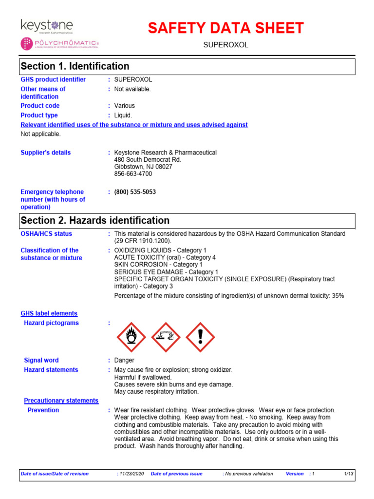 SUPEROXOL-SDS-US-20201123 | PDF | Toxicity | Safety