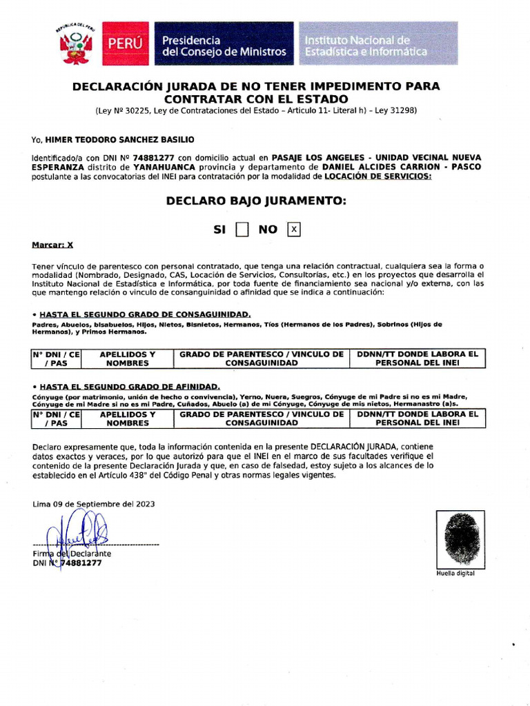 Declaración Jurada de No Tener Impedimento Paracontratar Con El | PDF