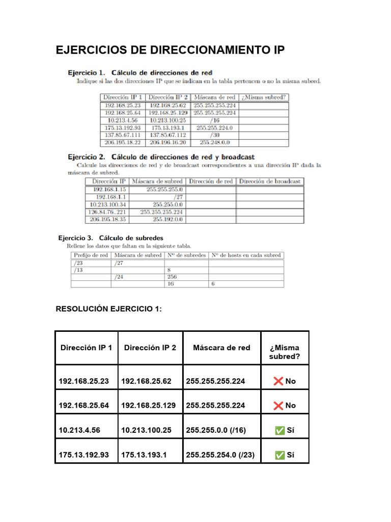 Ejercicios de Direccionamiento Ip | PDF