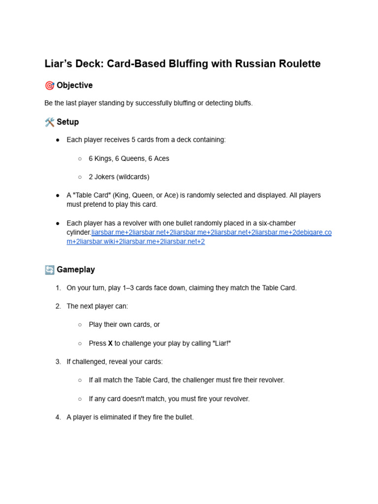 Liar's Deck - Card-Based Bluffing With Russian Roulette | PDF | Tabletop Games | Games Of Mental ...