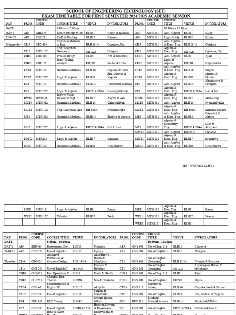 Set First Sem. Timetable 2025 - 044741 | PDF | Physical Sciences | Engineering