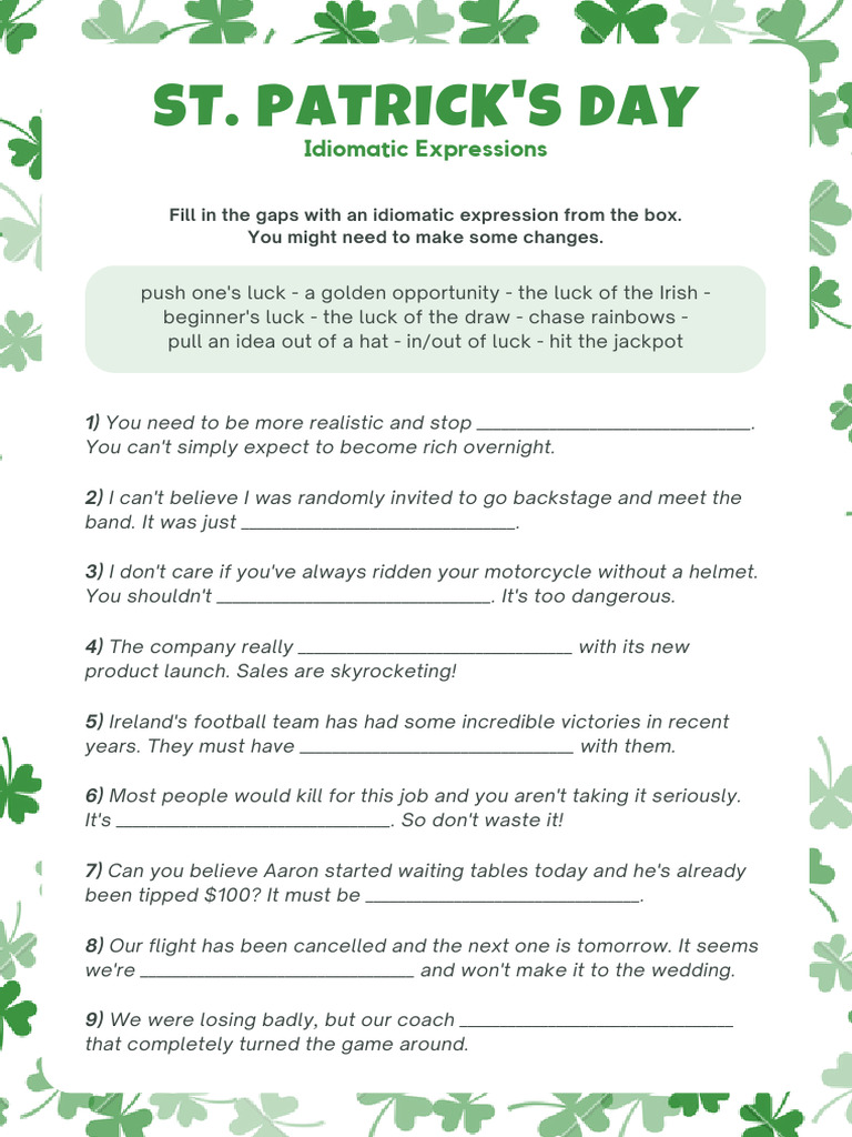 ST Patrick's Day Idioms Worksheet | PDF