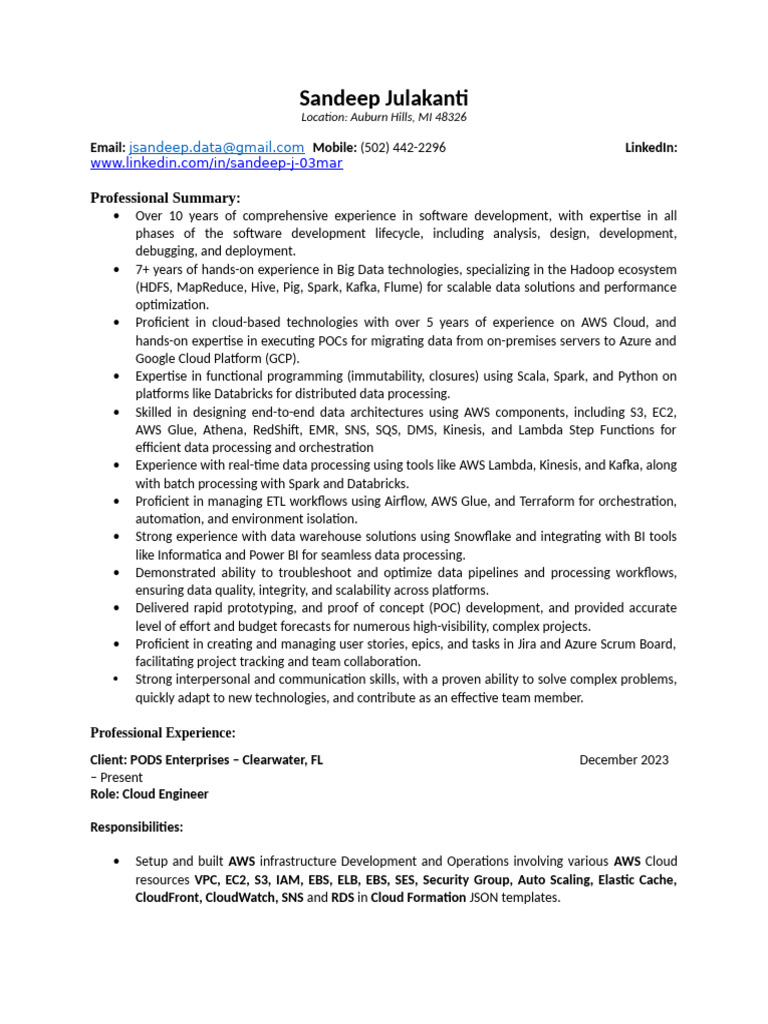 Sandeep Julakanti - Resume | PDF | Apache Spark | Apache Hadoop