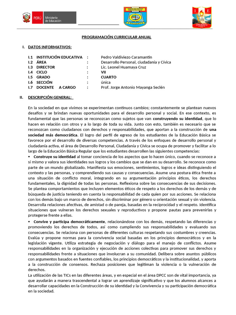 PROGRAMACION ANUAL CUARTO | PDF | Evaluación | Moralidad