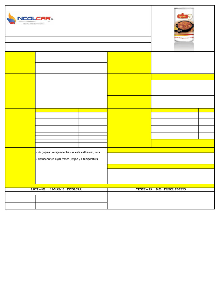 FT Frijoles Antioqueños Con Tocino 380gr Ronda | PDF | Alimentos