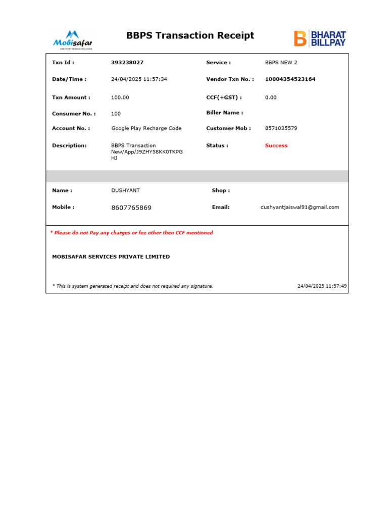 BBPS Transaction Receipt Details | PDF