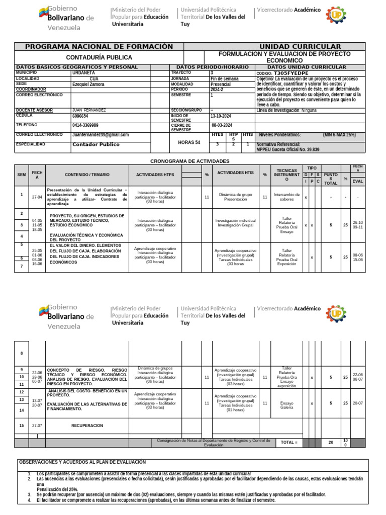 Acuerdo Aprendizaje Form.y Eval. Proyectos 2025-1 | PDF | Aprendizaje | Contador