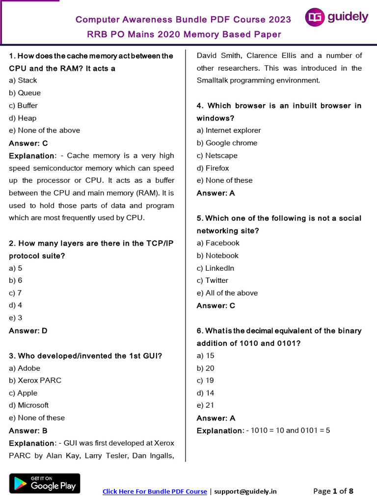 COMPUTER RRB PYQ | PDF | Computer Data Storage | World Wide Web