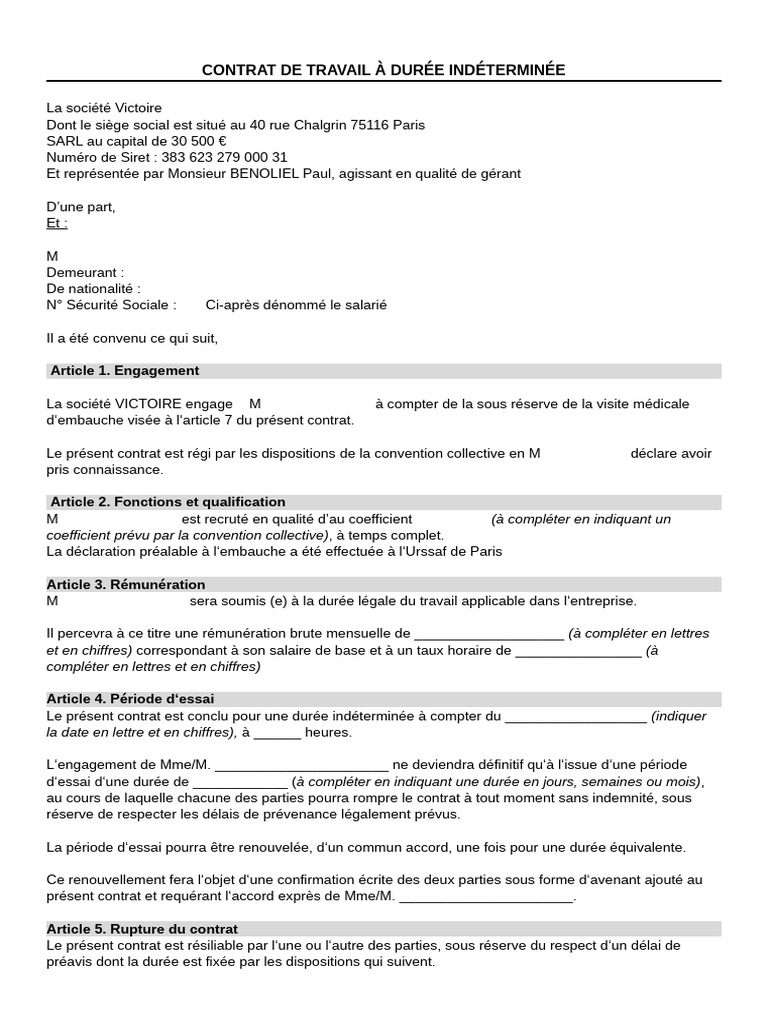 Contrat de travail CDI - Société Victoire | PDF | Congé maladie | Travail