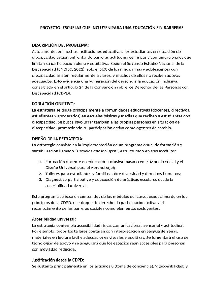 Proyecto Escuelas Que Incluyen para Una Educación Sin Barreras | PDF ...